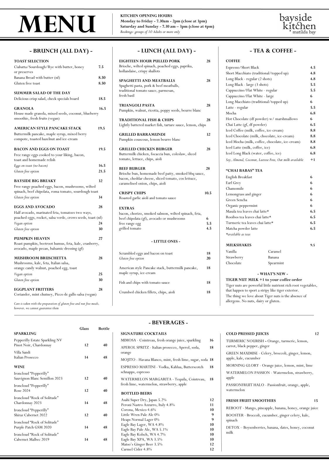 Menu at Bayside Kitchen cafe, Crawley
