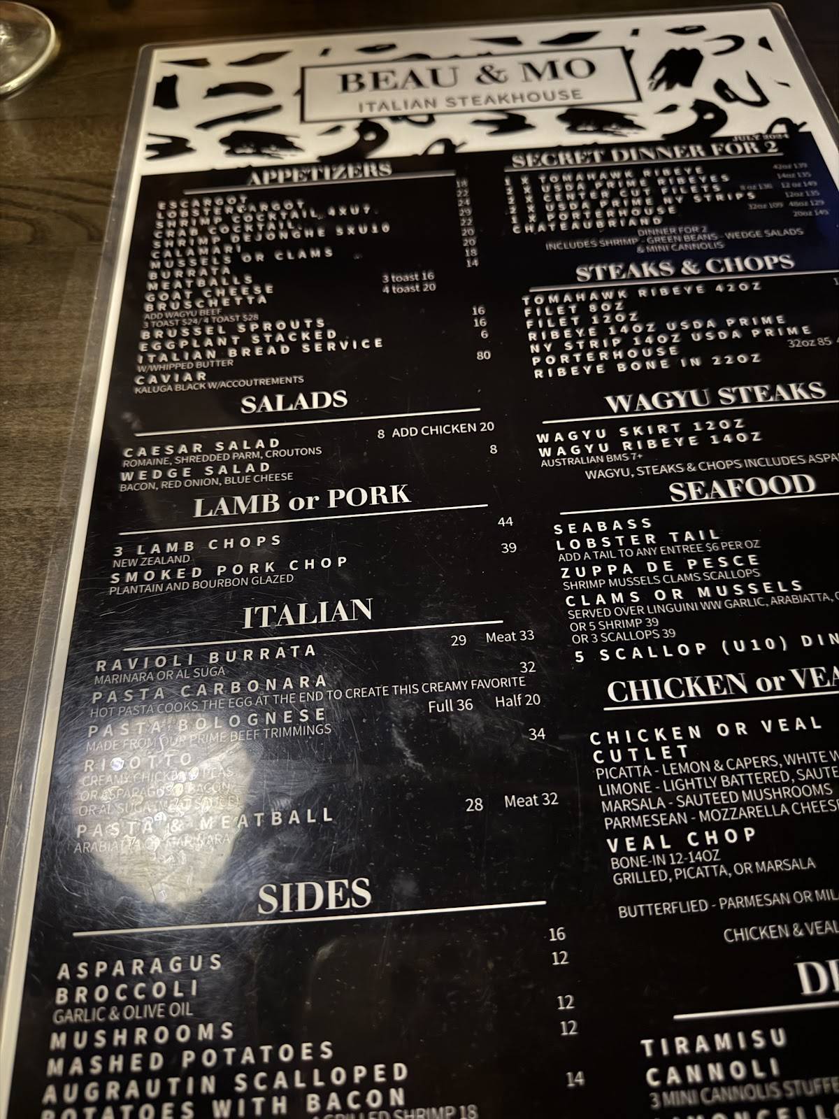 Menu at Beau & Mo's Italian Steakhouse, Saint Petersburg