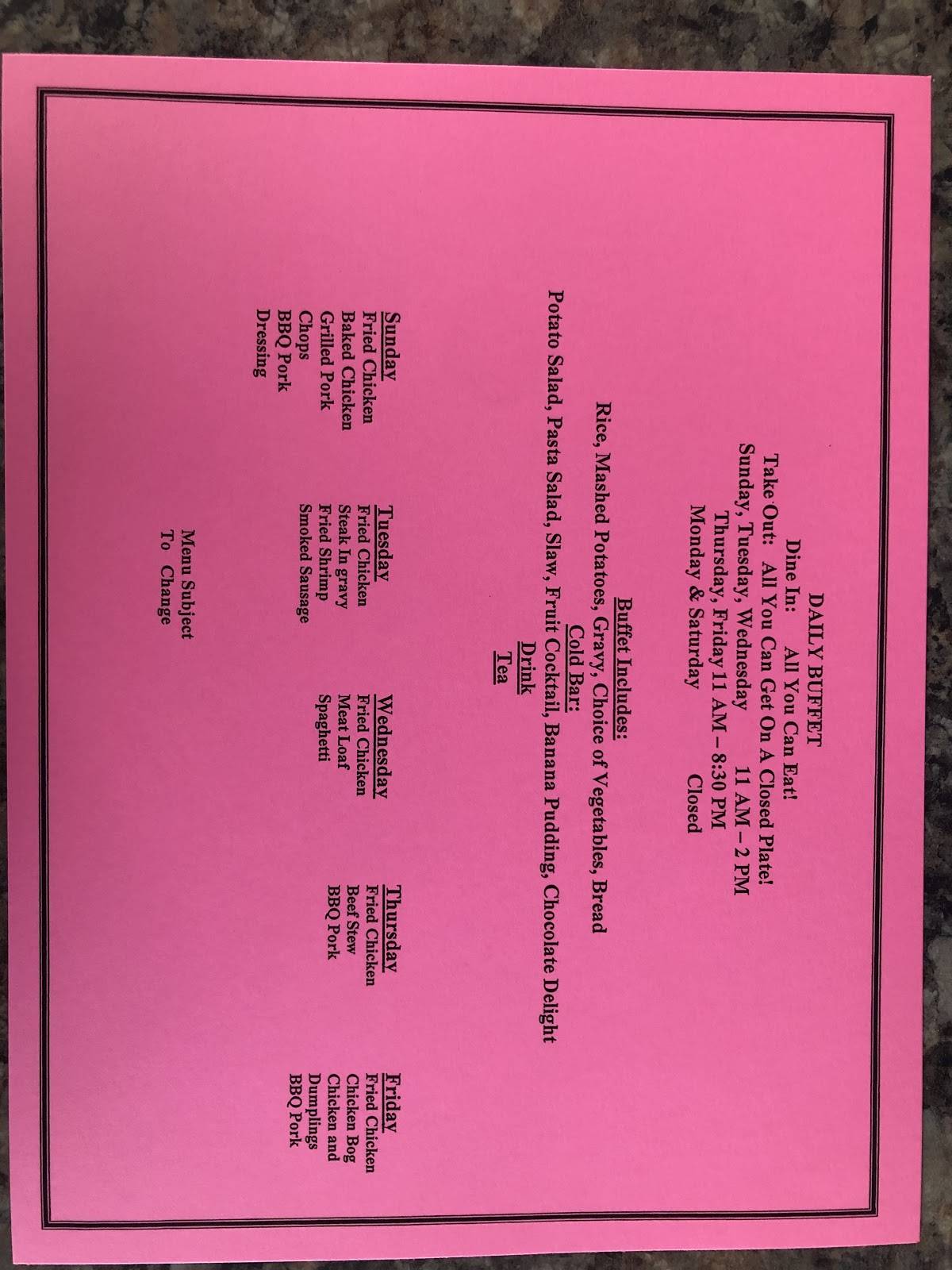 Menu at Becky's Cafe, Turbeville, Main St