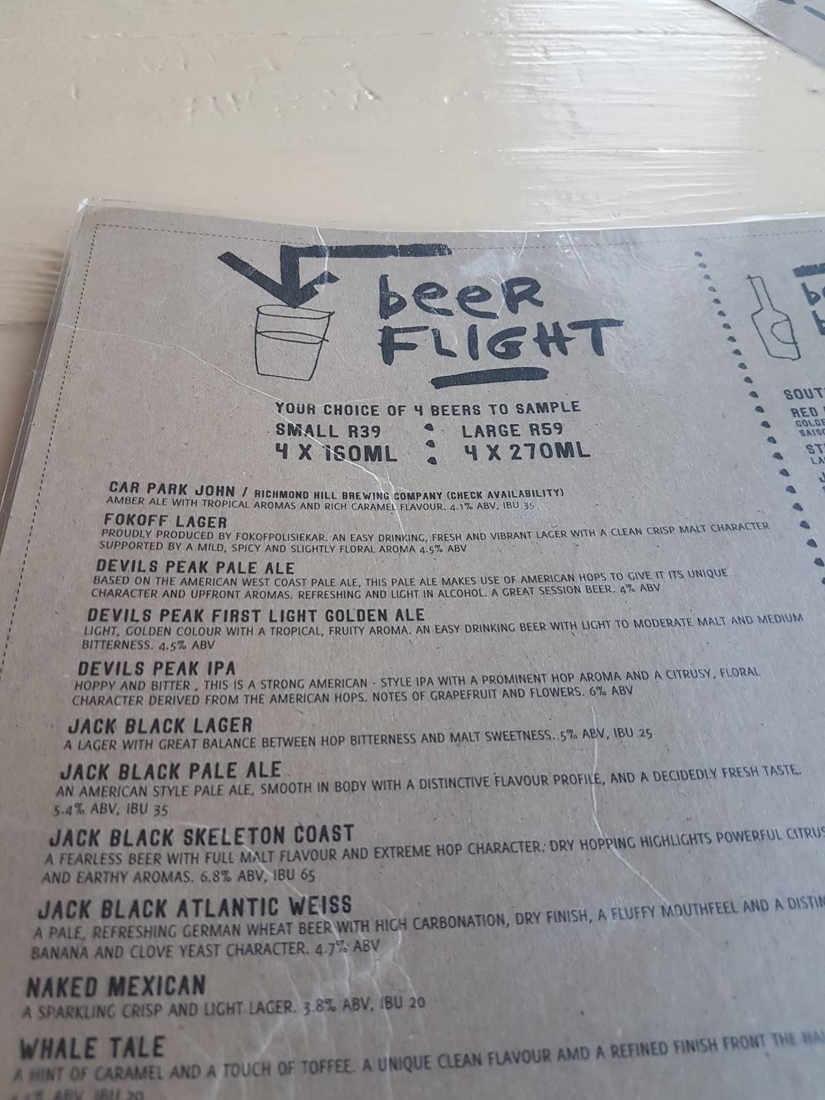 Menu at BeerShack pub & bar, Port Elizabeth, Dolphin's Leap