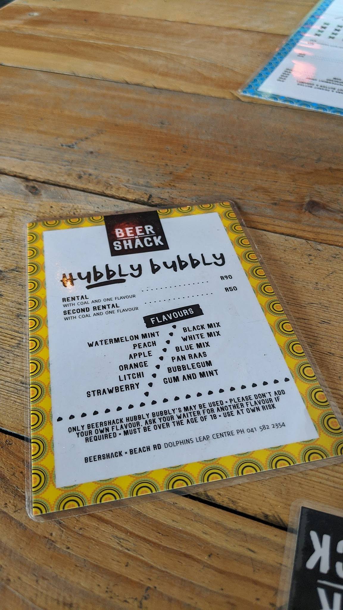 Menu at BeerShack pub & bar, Port Elizabeth, Dolphin's Leap