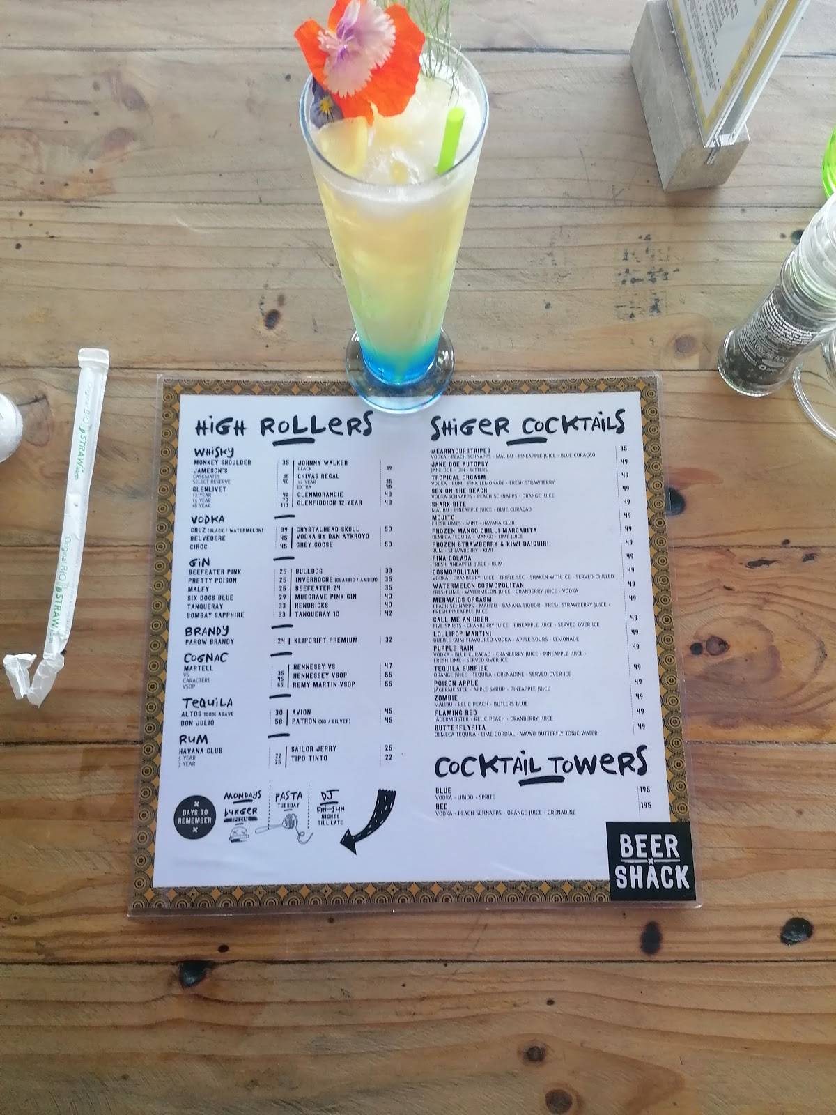 Menu at BeerShack pub & bar, Port Elizabeth, Dolphin's Leap