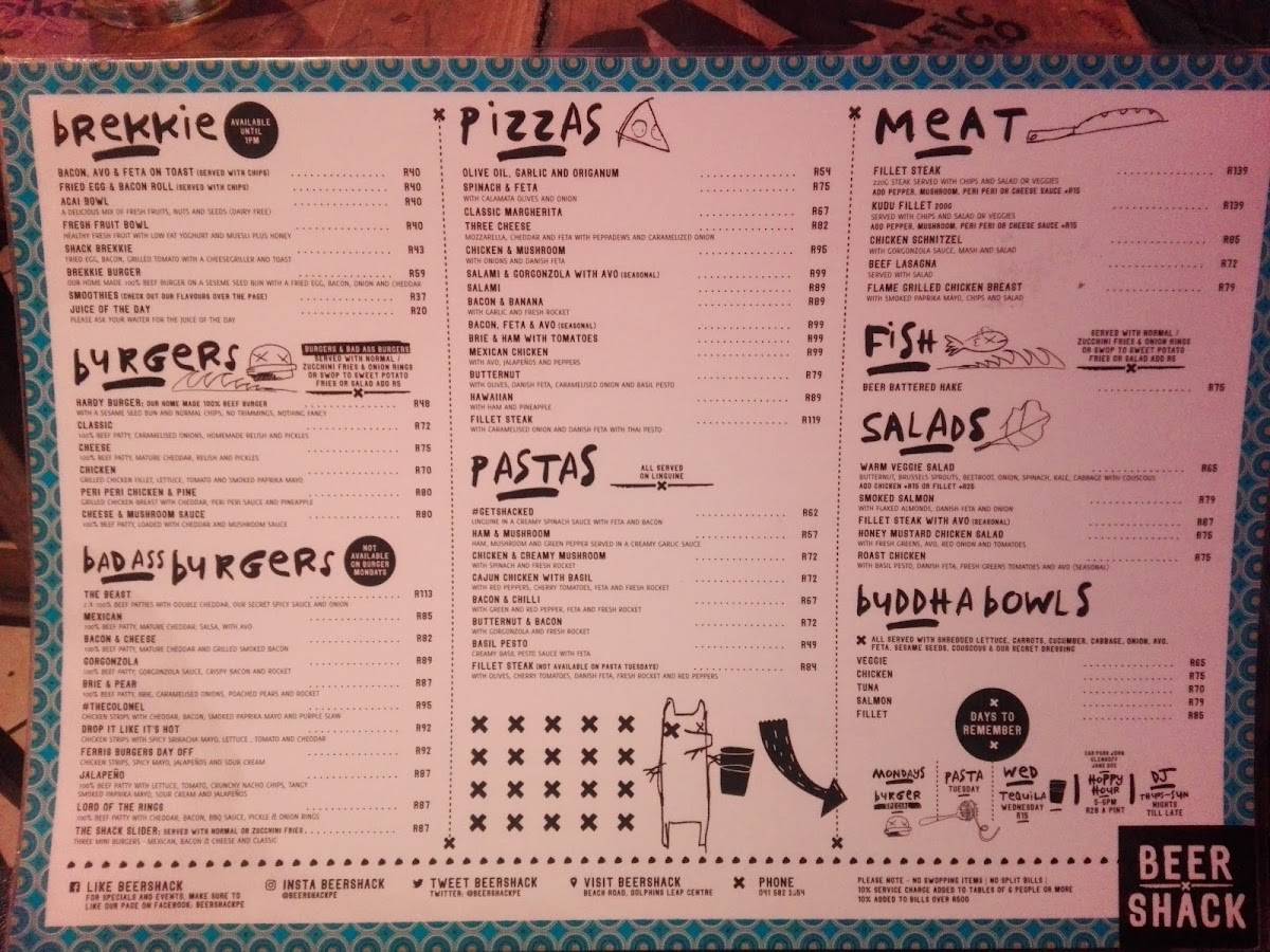 Menu at BeerShack pub & bar, Port Elizabeth, Dolphin's Leap