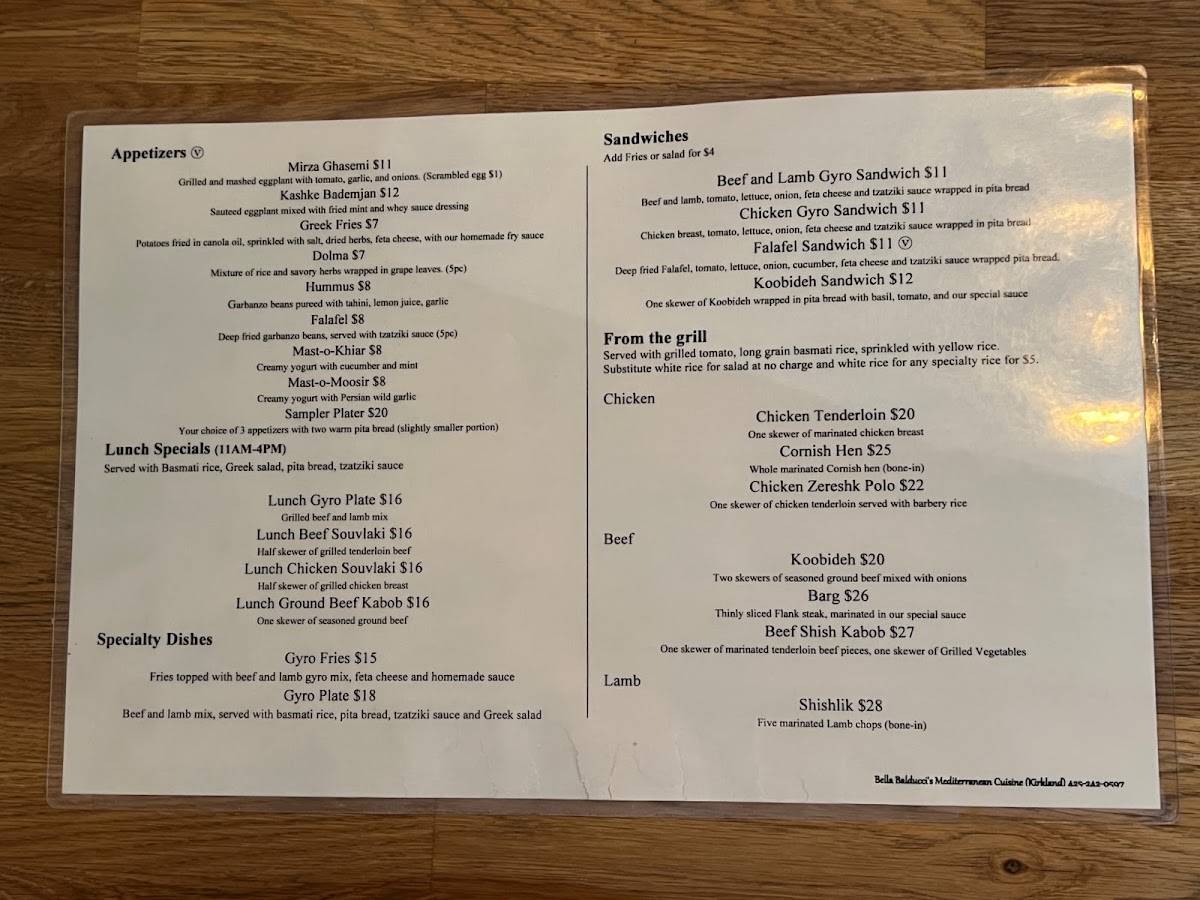 Menu at Bella Balducci's Mediterranean Cuisine restaurant, Kirkland