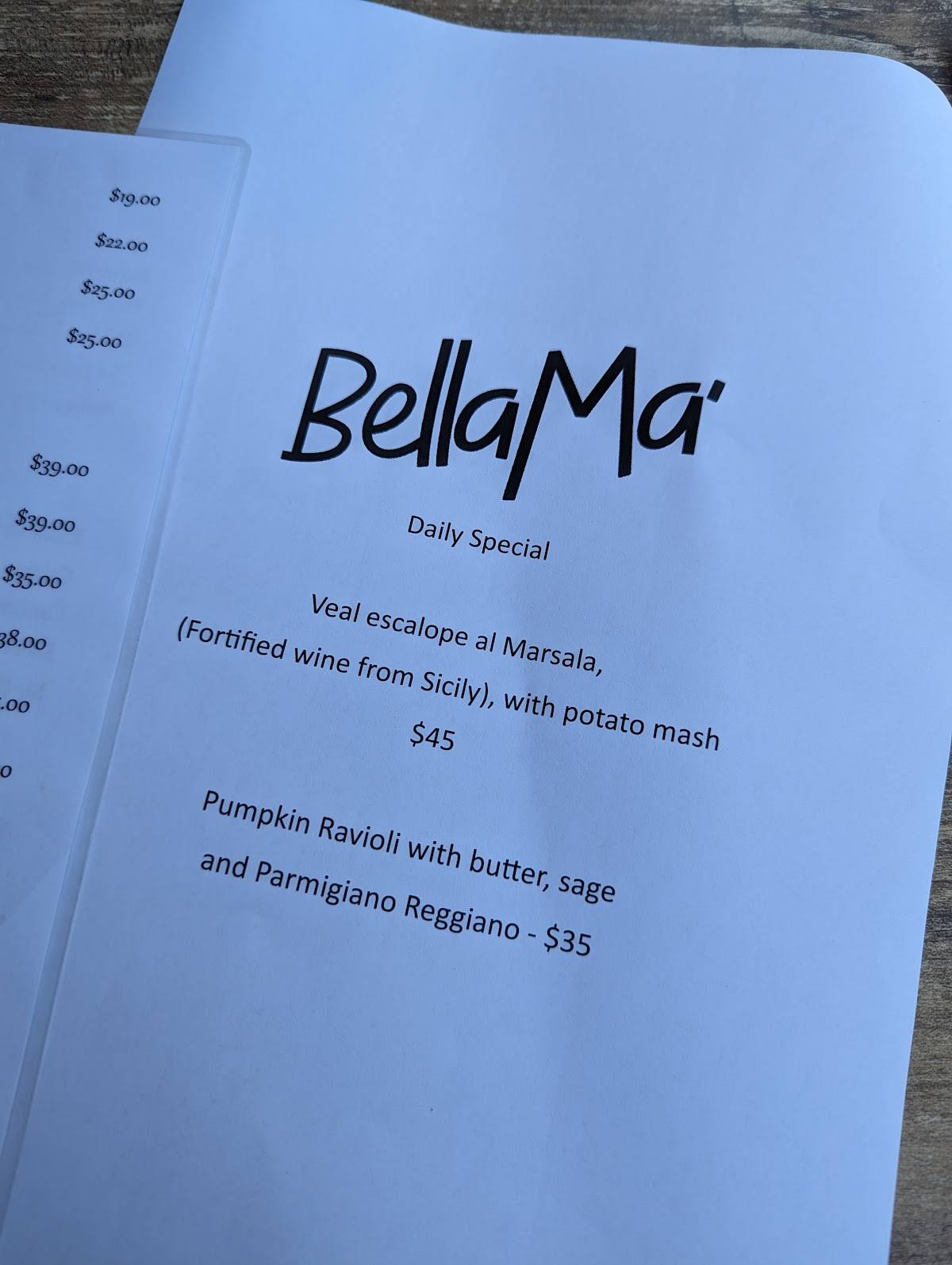 Menu at Bella Ma’ restaurant, Woolgoolga
