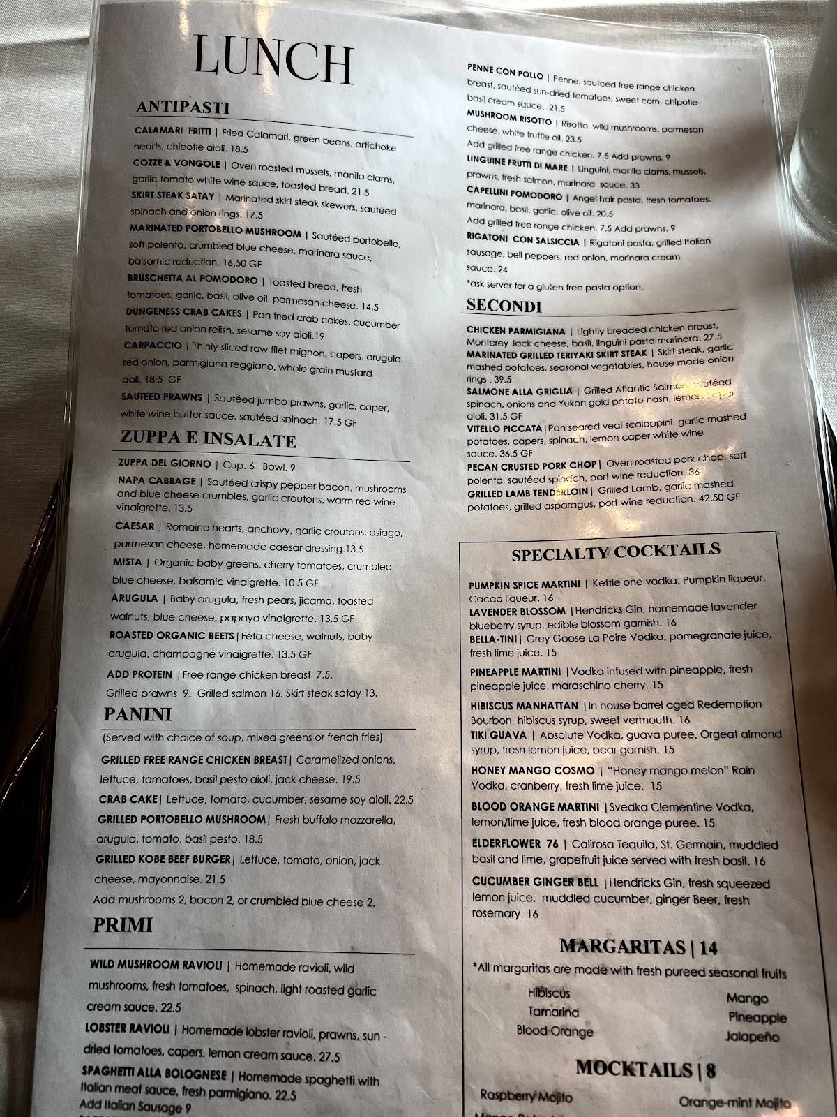 Menu at Bella Siena pub & bar, Benicia