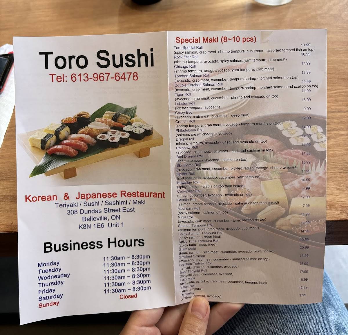 Menu at Toro Sushi Restaurant, Belleville