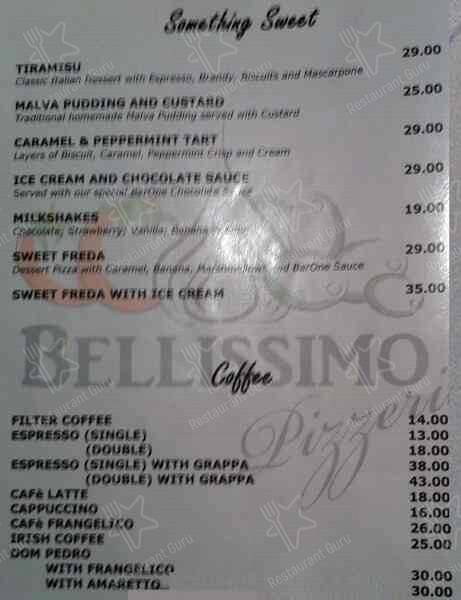 Menu at Bellissimo restaurant, Johannesburg