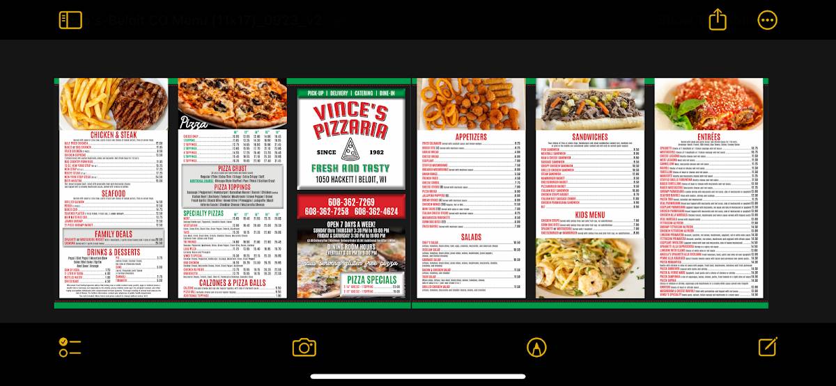 Menu at Vince's Pizzaria pizzeria, Beloit