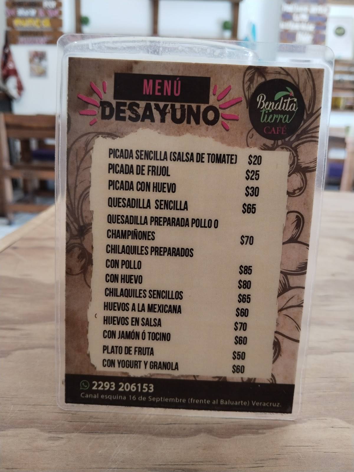 Menu at Bendita Tierra Café, Veracruz