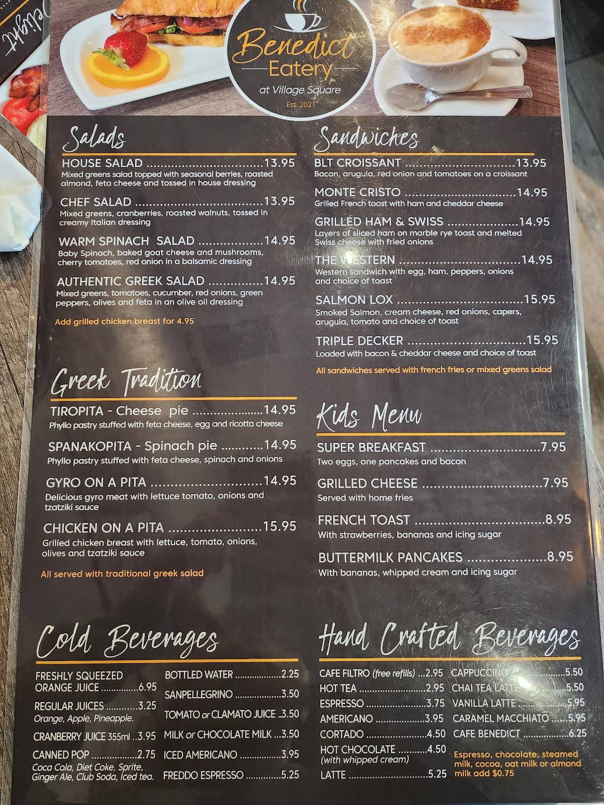 Menu at Benedict Eatery restaurant, Burlington
