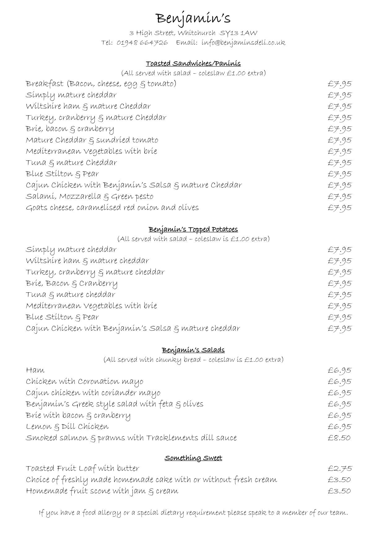 Menu at Benjamin's Deli & Cafe, Whitchurch