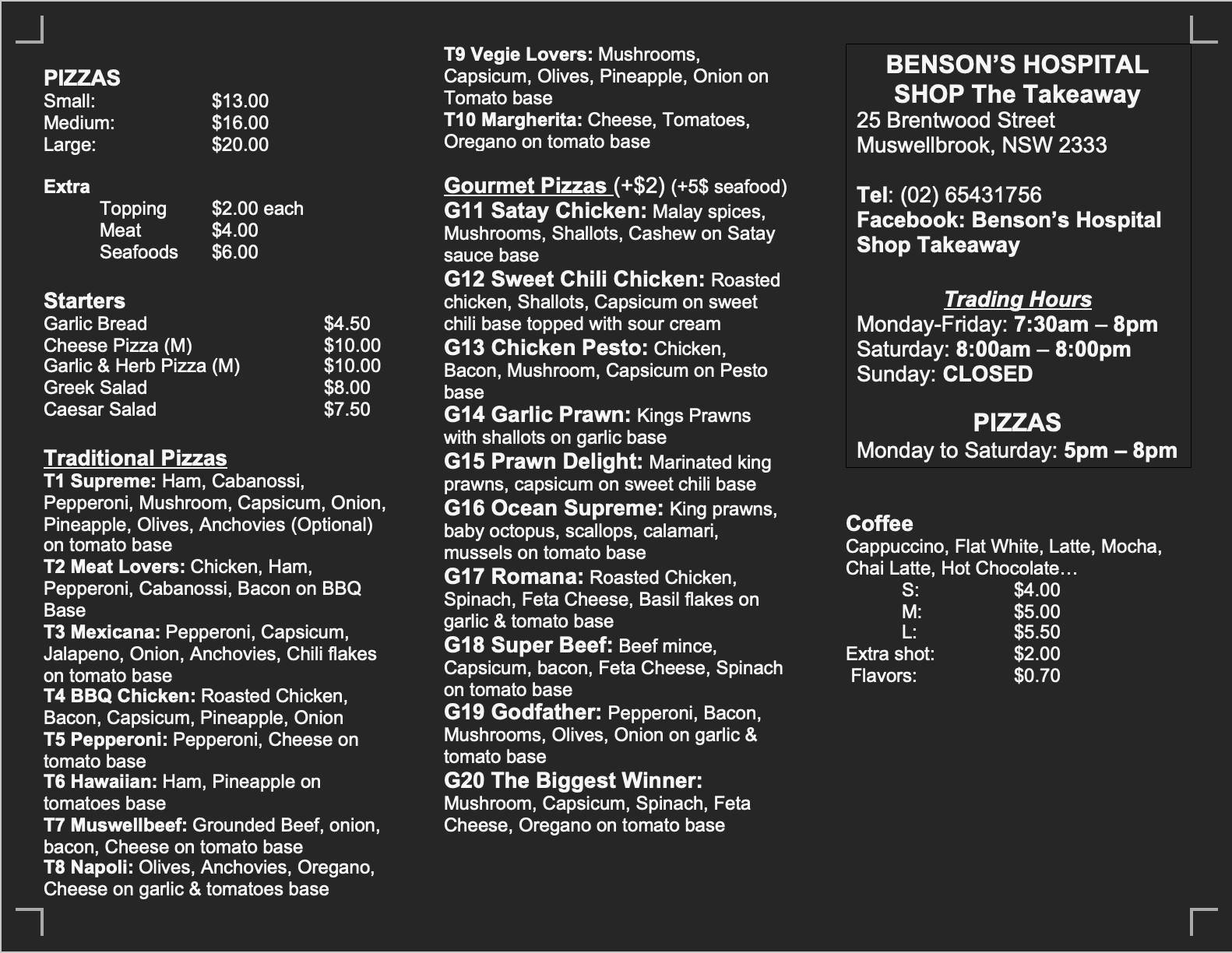 Menu at Benson's Hospital Shop / The Takeaway restaurant, Muswellbrook
