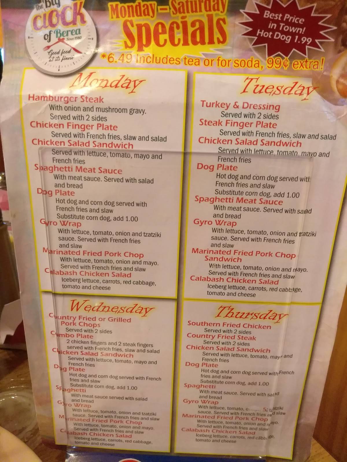 Menu at The Big Clock of Berea BBQ, Greenville