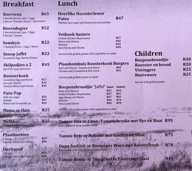 Menu at Bergbron Plaaskombuis en Padstal restaurant, Johannesburg