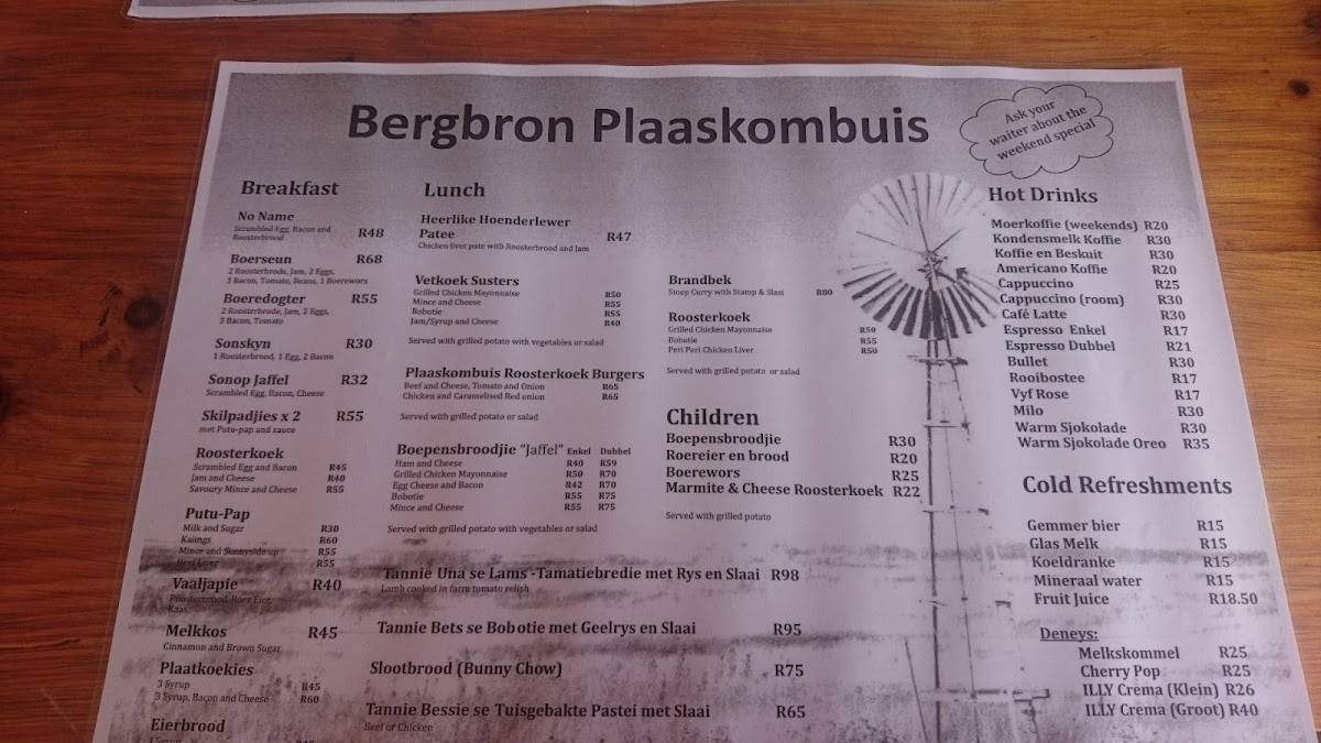 Menu at Bergbron Plaaskombuis en Padstal restaurant, Johannesburg