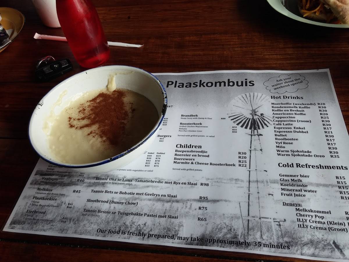 Menu at Bergbron Plaaskombuis en Padstal restaurant, Johannesburg