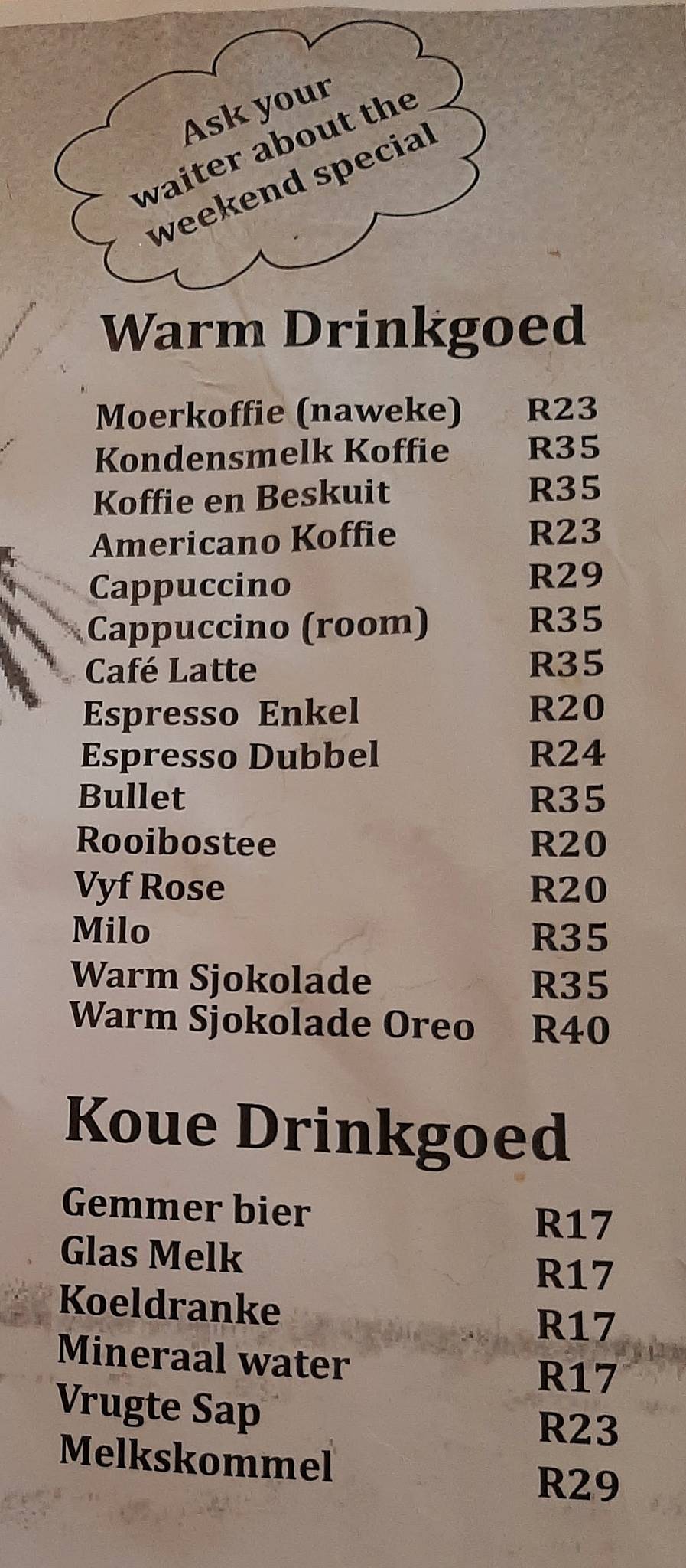 Menu at Bergbron Plaaskombuis en Padstal restaurant, Johannesburg