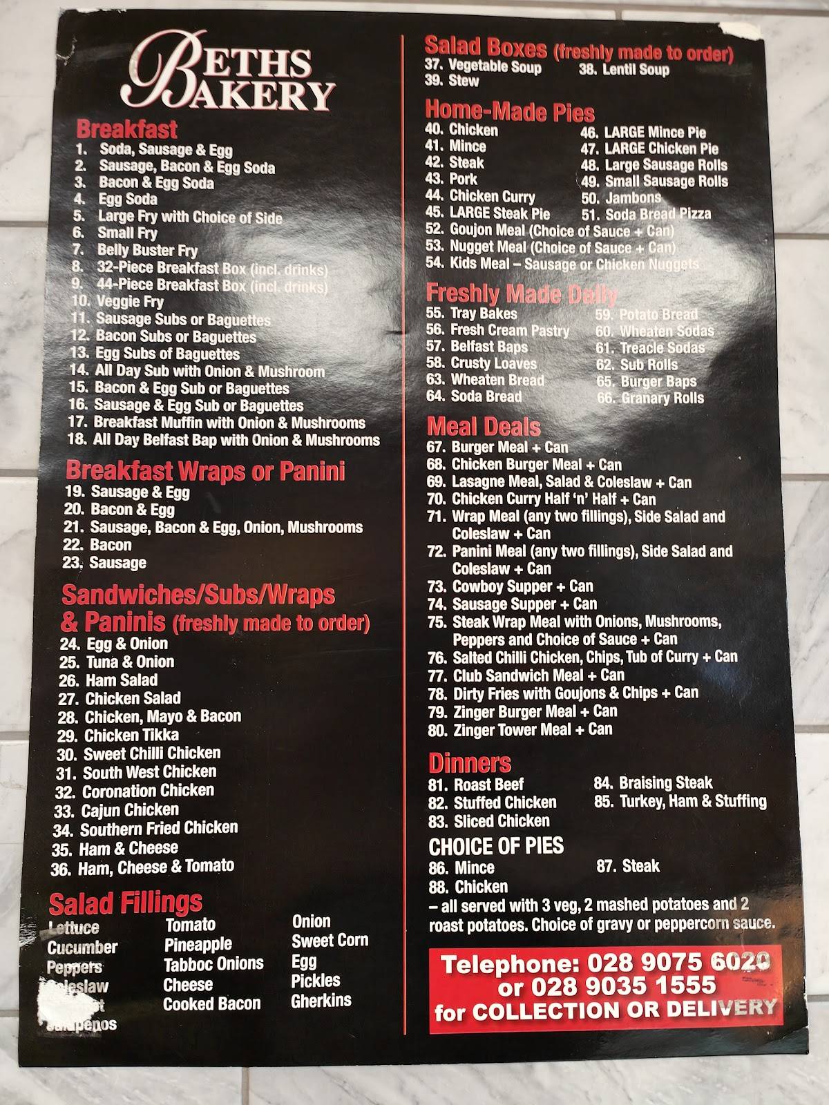 Menu at Beth's Bakery, Belfast, 193 Crumlin Rd