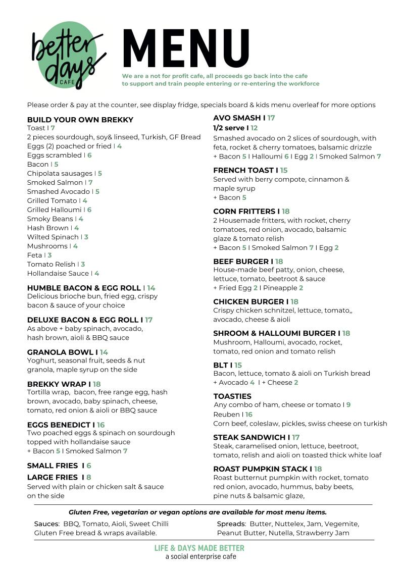 Menu at Better Days Cafe, Killarney Vale