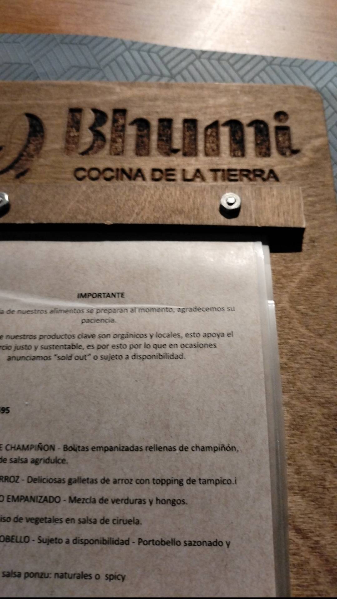 Carta del restaurante Bhumi - cocina del la tierra, Tijuana