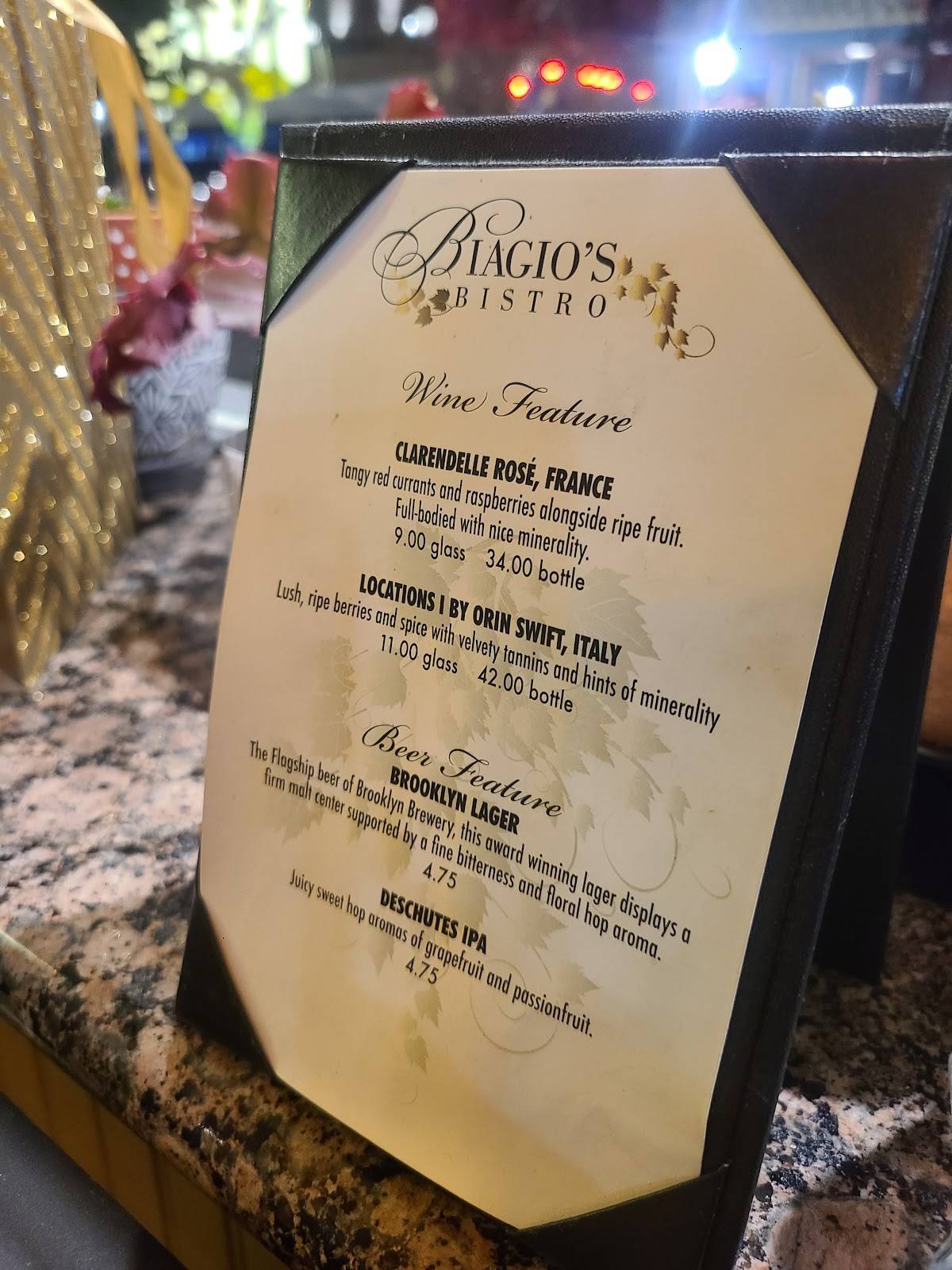 Menu at Biagio's Bistro restaurant, Cincinnati