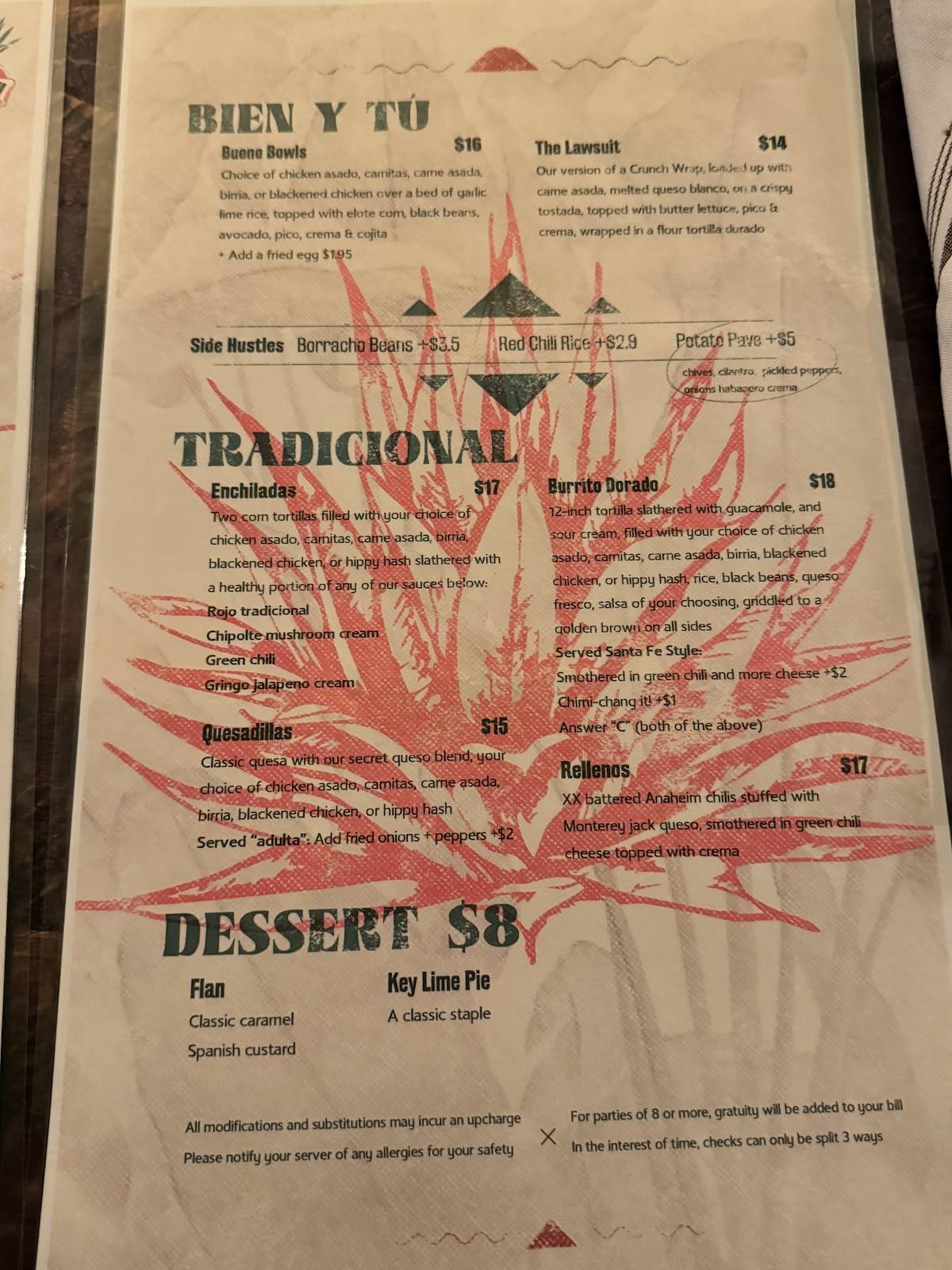 Menu at Bien Y Tu restaurant, Castle Rock