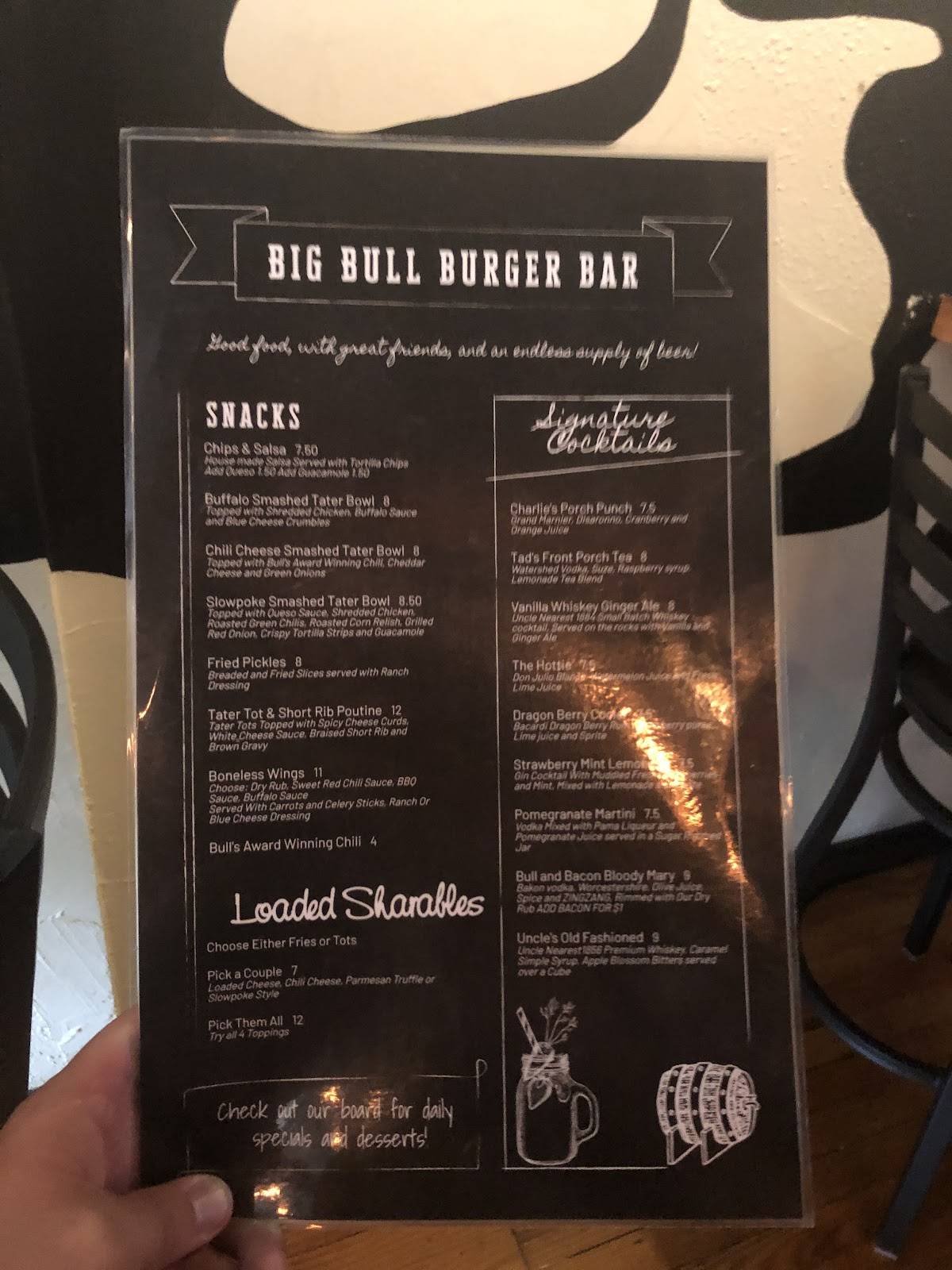 Menu at Big Bull Burger Bar, Cincinnati