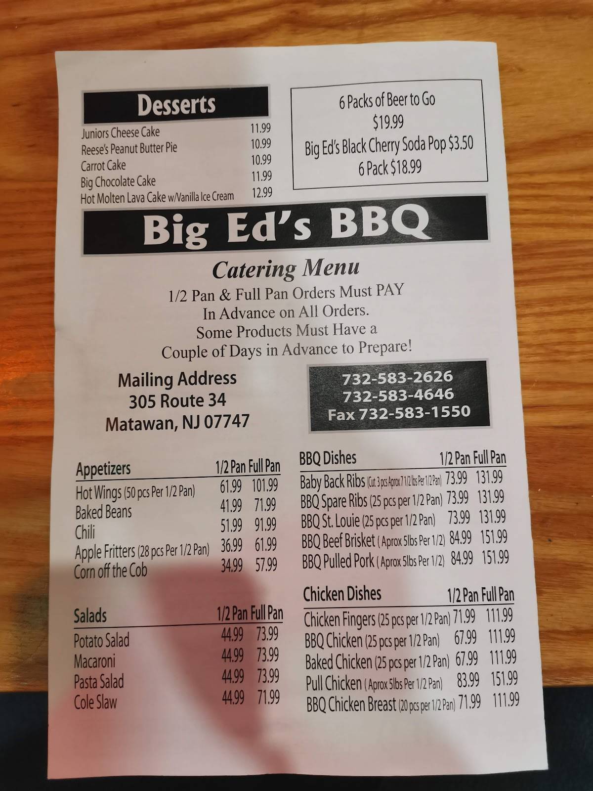 Menu at Big Ed's Barbecue, Matawan, 305 NJ-34