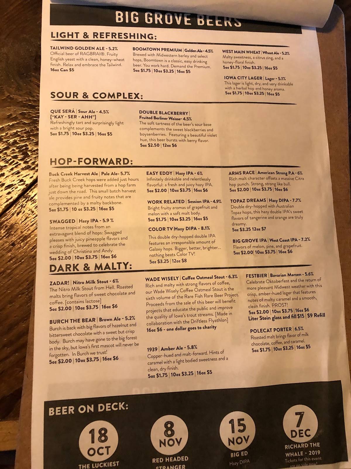 Menu at Big Grove Brewery & Taproom restaurant, Iowa City