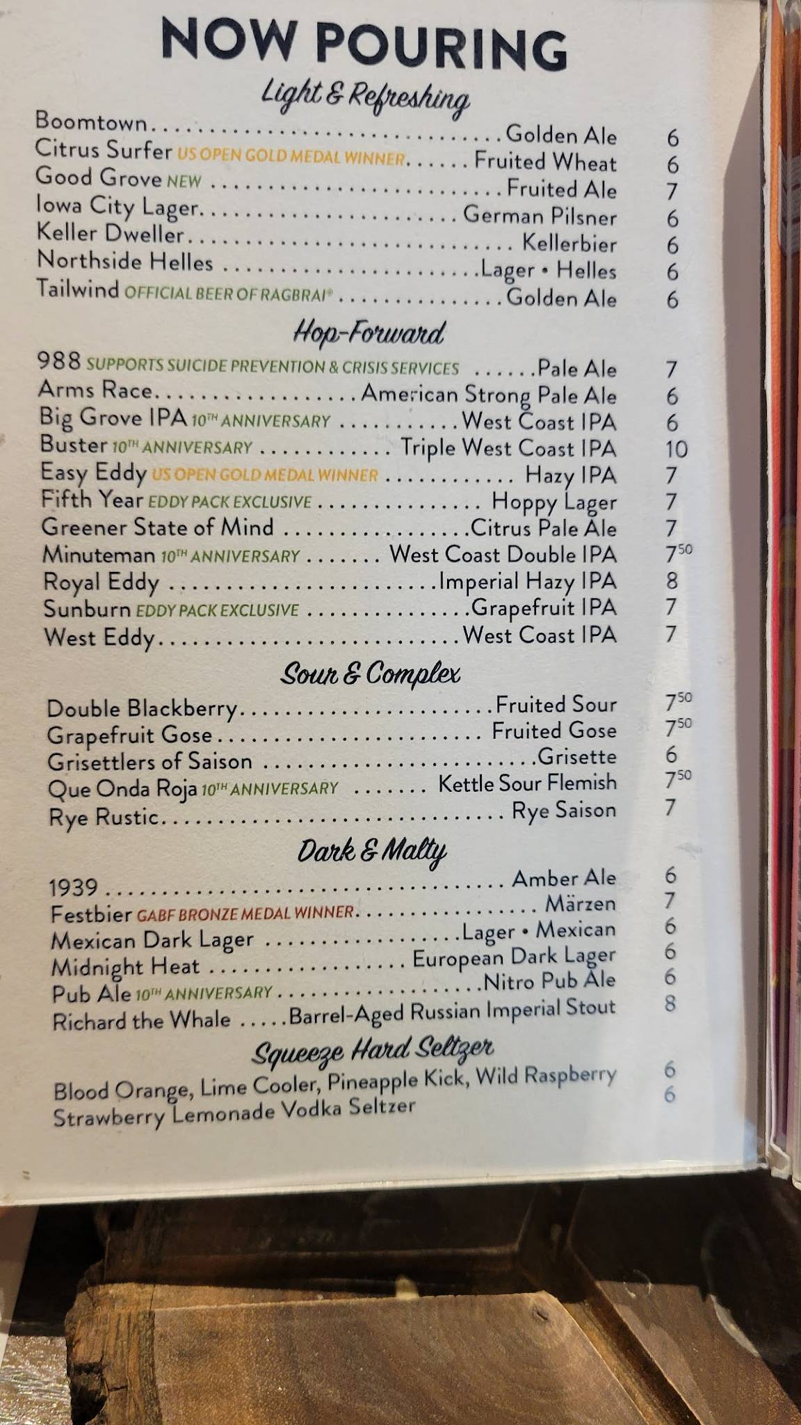 Menu at Big Grove Brewery & Taproom restaurant, Iowa City