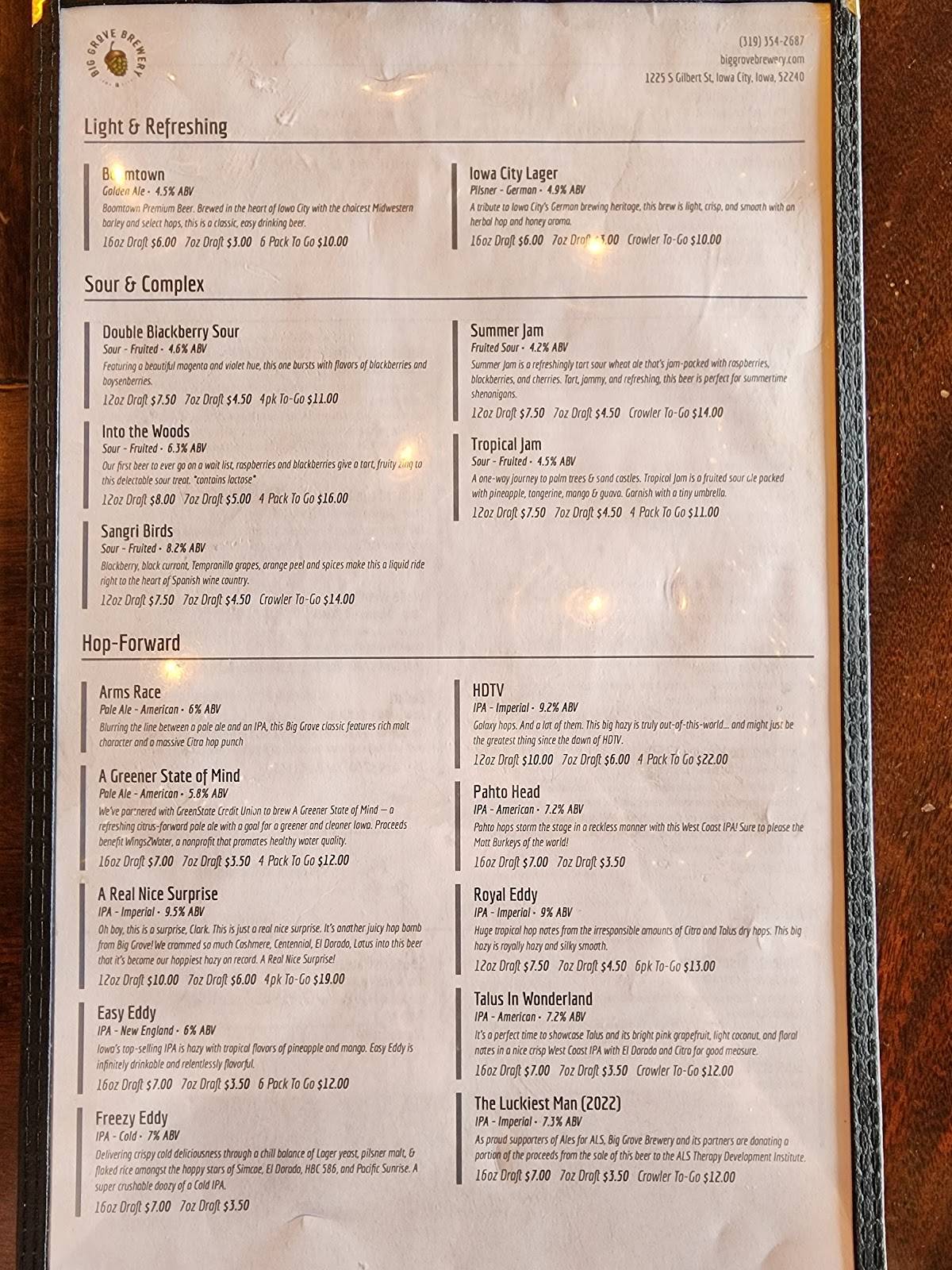 Menu at Big Grove Brewery & Taproom restaurant, Iowa City