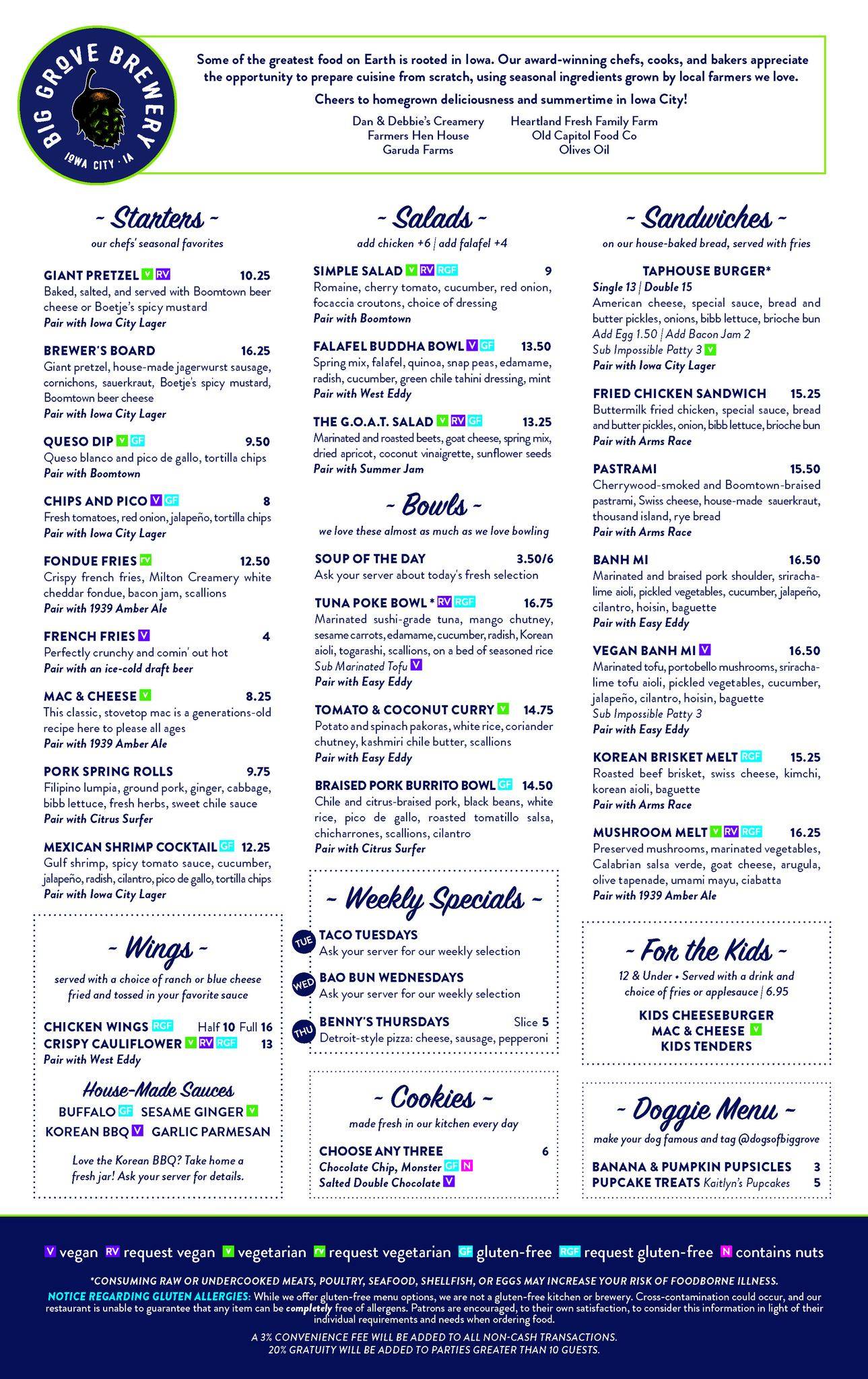 Menu at Big Grove Brewery & Taproom restaurant, Iowa City