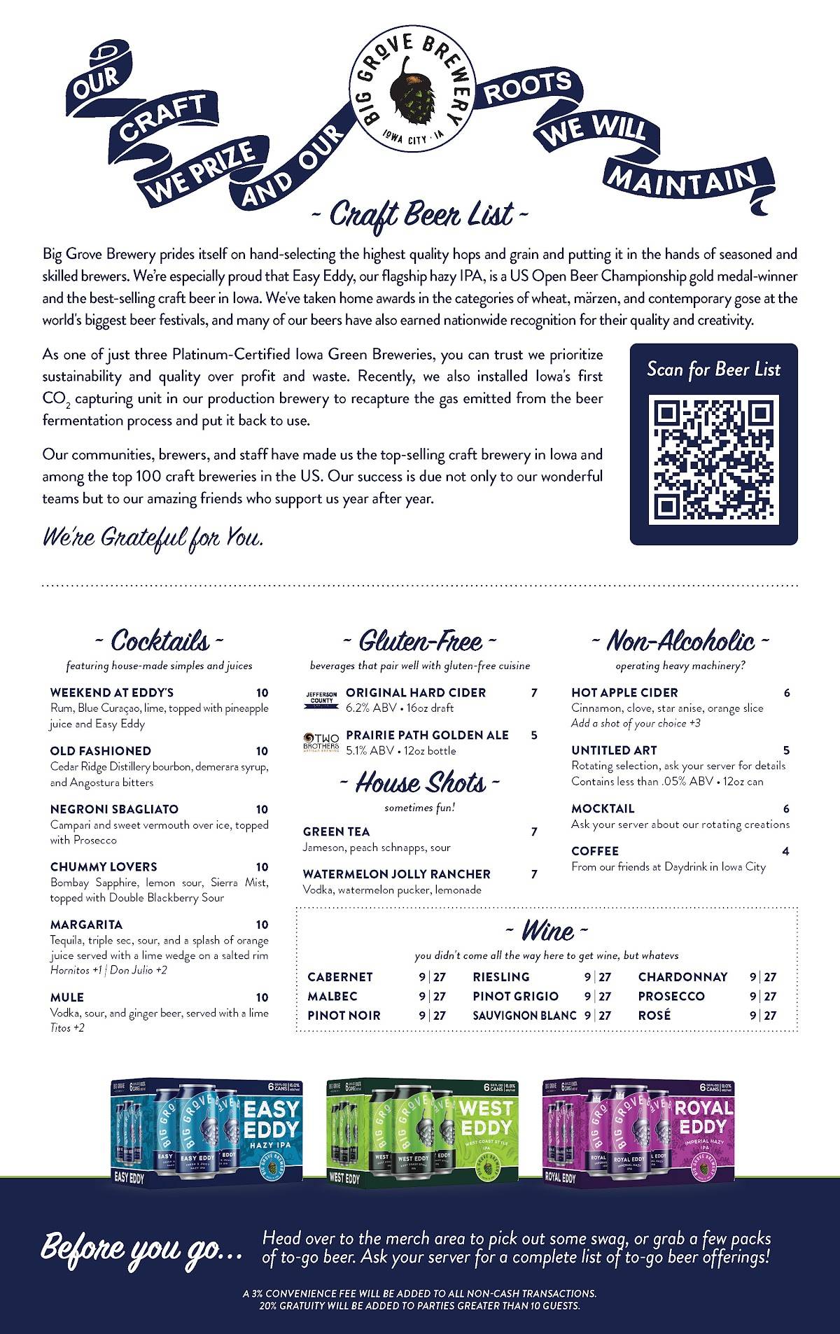 Menu at Big Grove Brewery & Taproom restaurant, Iowa City
