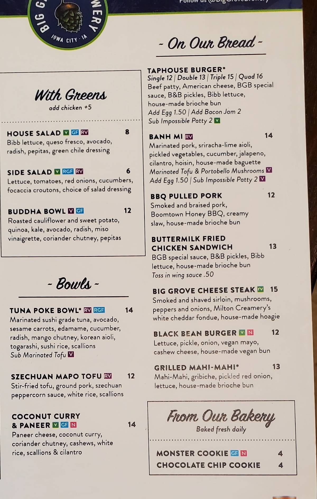 Menu at Big Grove Brewery & Taproom restaurant, Iowa City