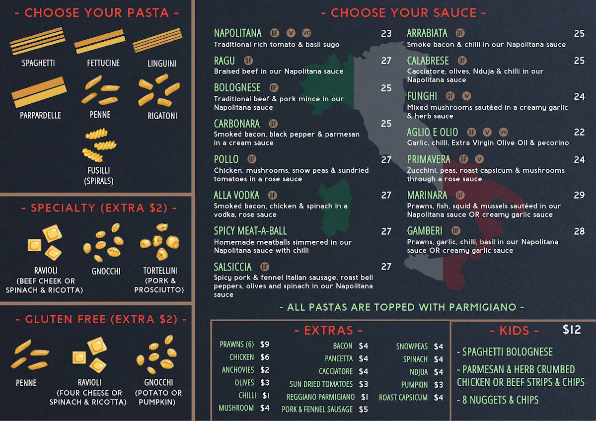Menu at Big T's Italian restaurant, Port Kennedy
