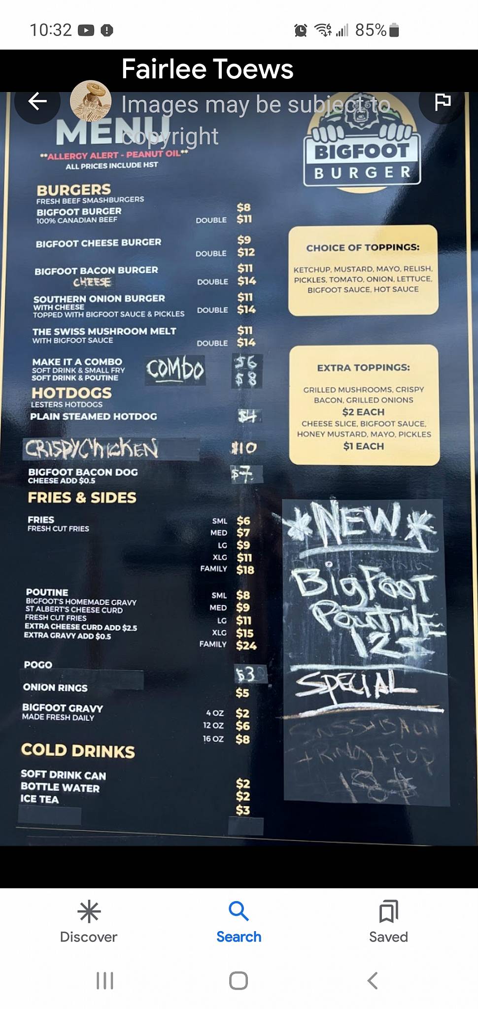 Menu at Bigfoot Burger restaurant, Cornwall, 2690 Brookdale Ave Super 8
