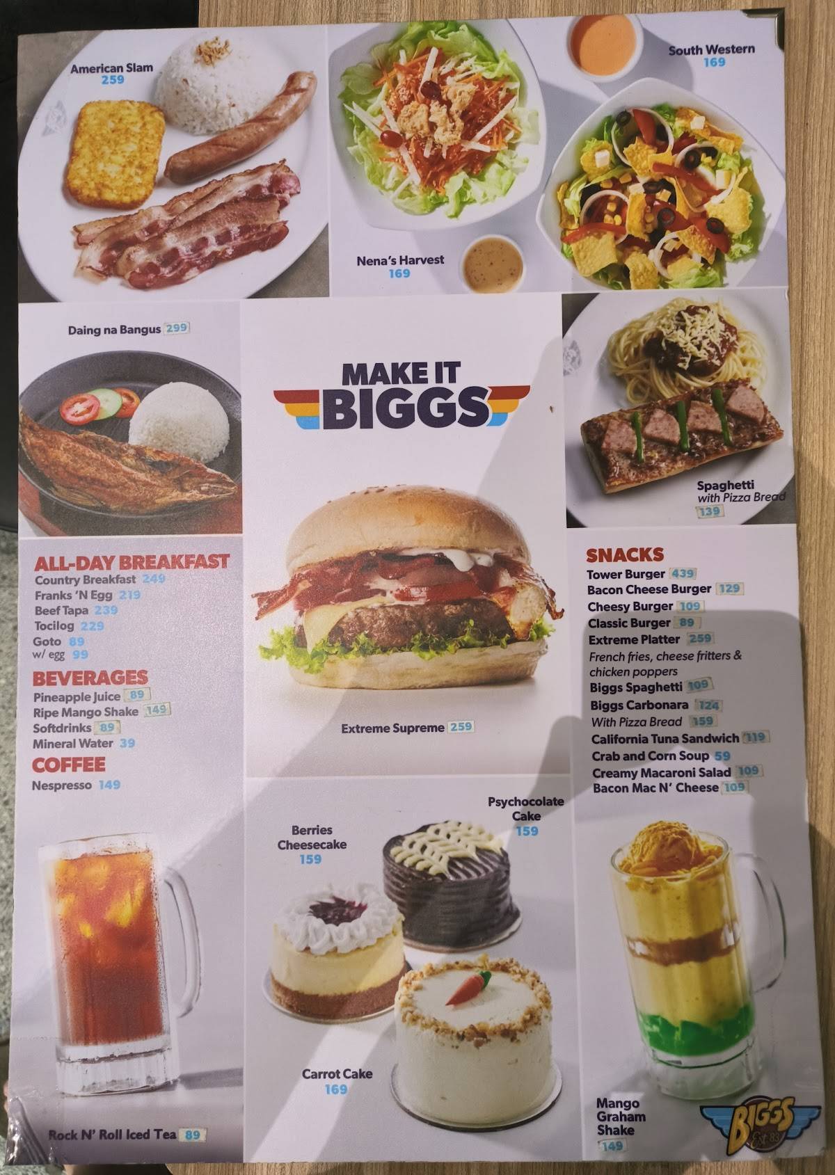 Menu at Biggs Camalig restaurant, Camalig