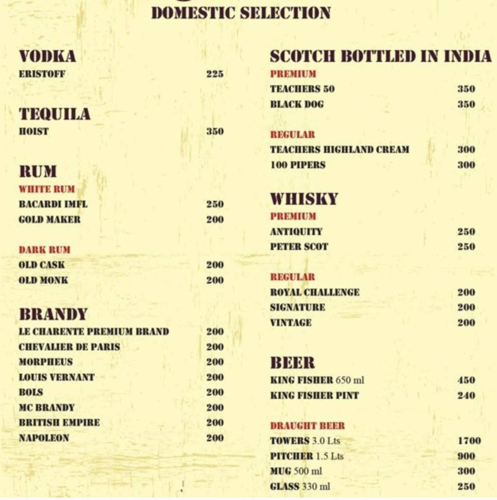 Menu at Bike & Barrel, Chennai, The Residency Towers Chennai