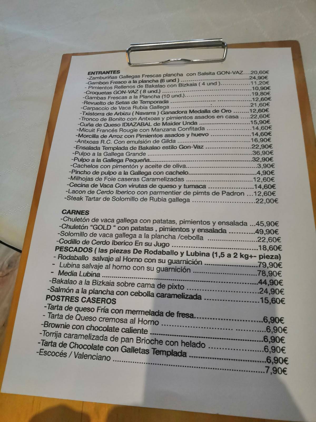Carta del pub y bar Gon Vaz, Bilbao