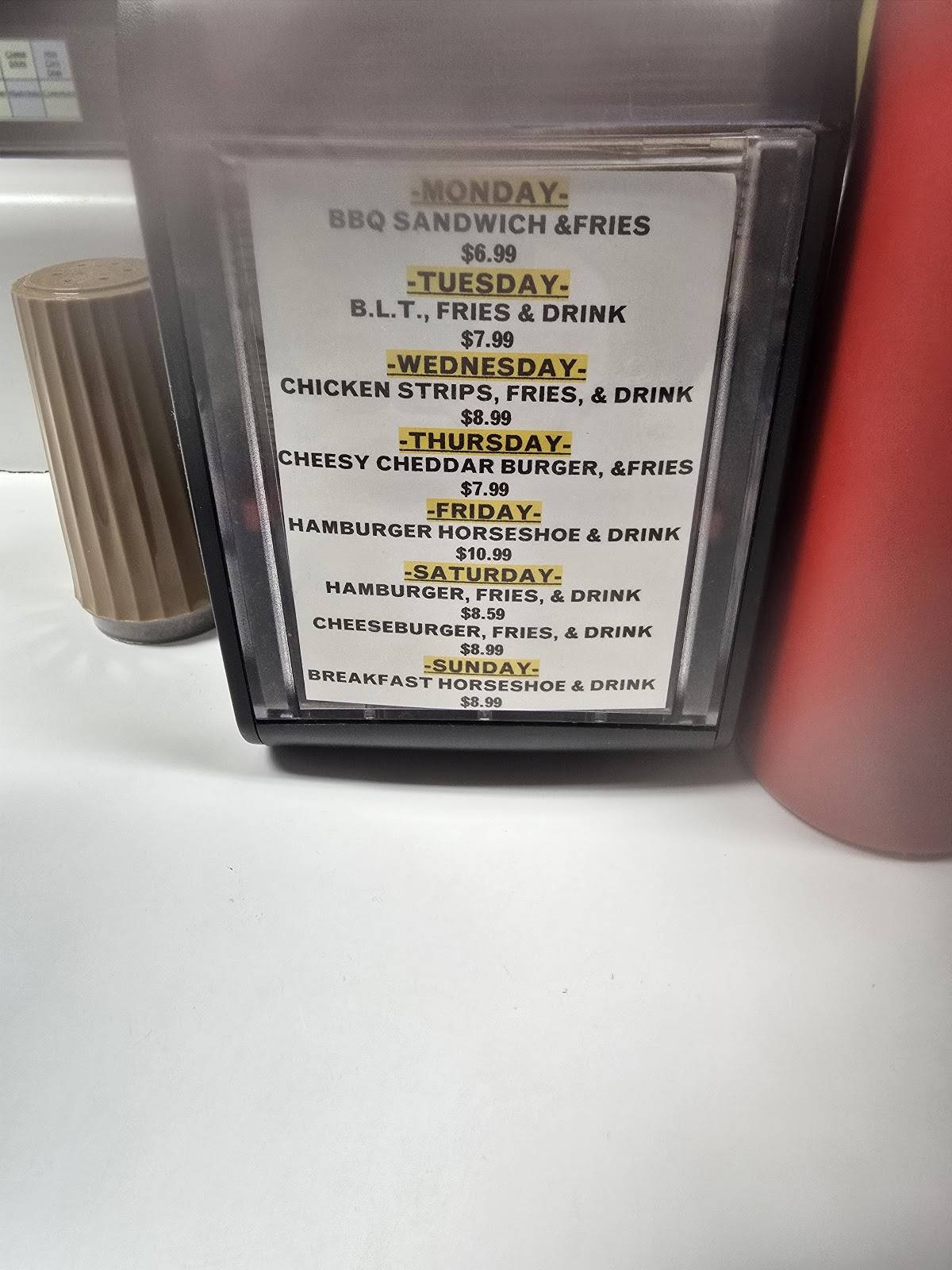 Menu at Bill's Toasty restaurant, Taylorville