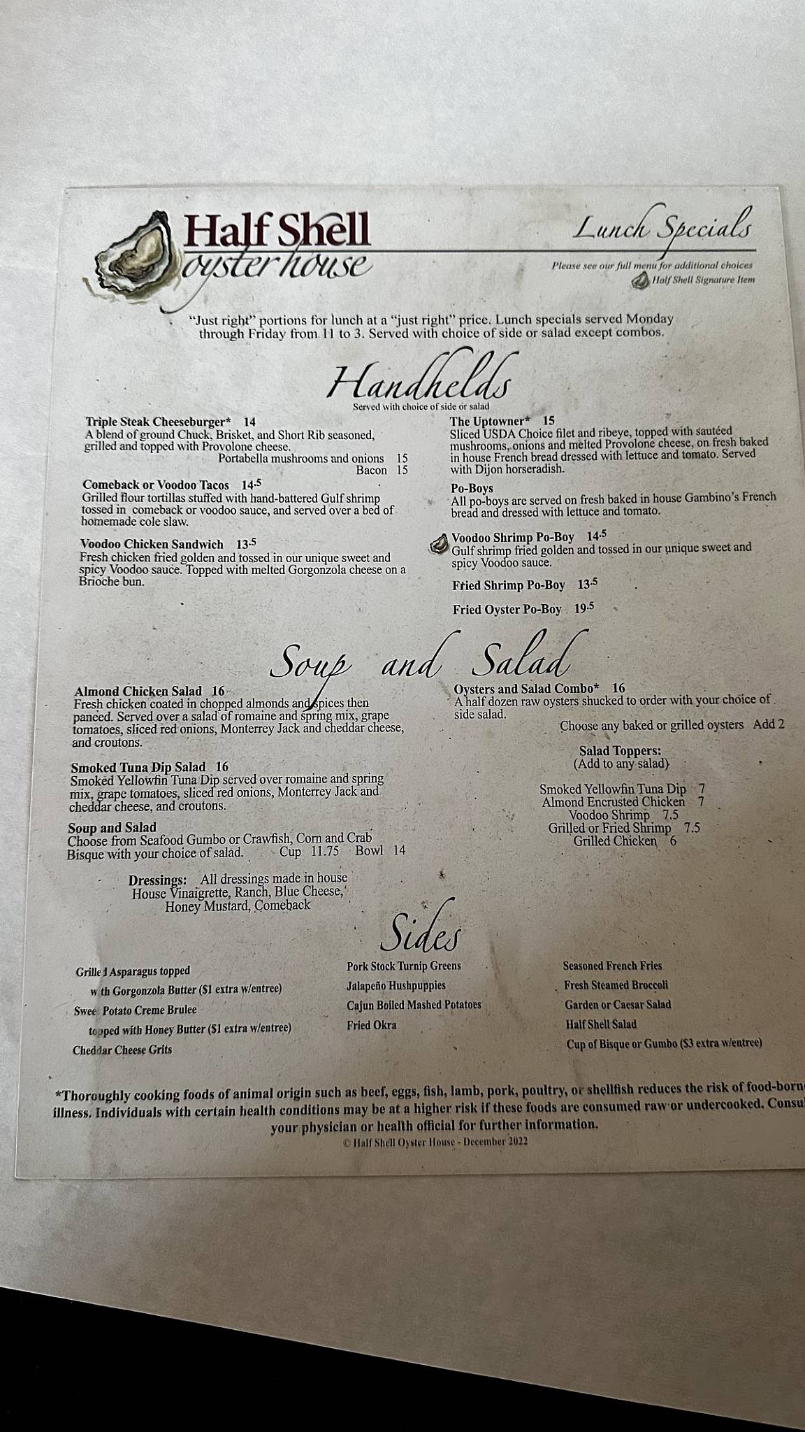 Menu at Half Shell Oyster House restaurant, Biloxi, 125 Lameuse St