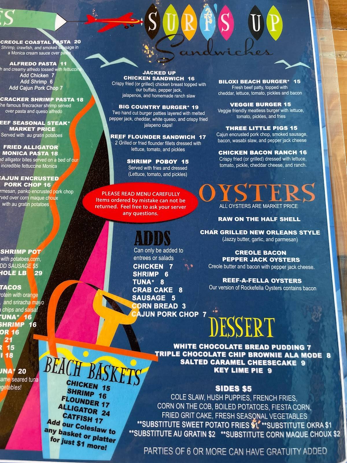 Menu at The Reef restaurant, Biloxi