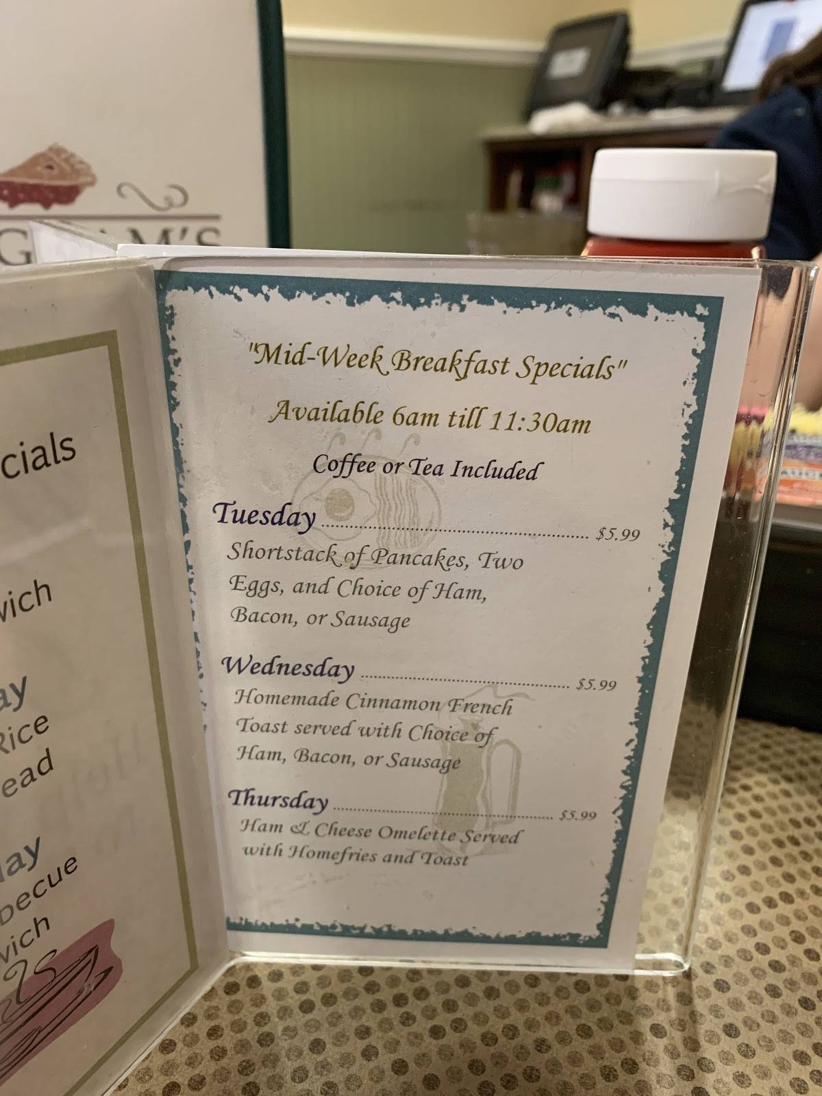 Menu at Bingham's restaurant, USA