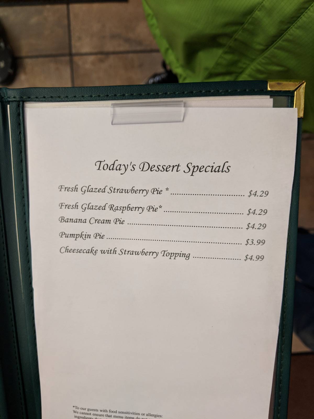 Menu at Bingham's restaurant, USA