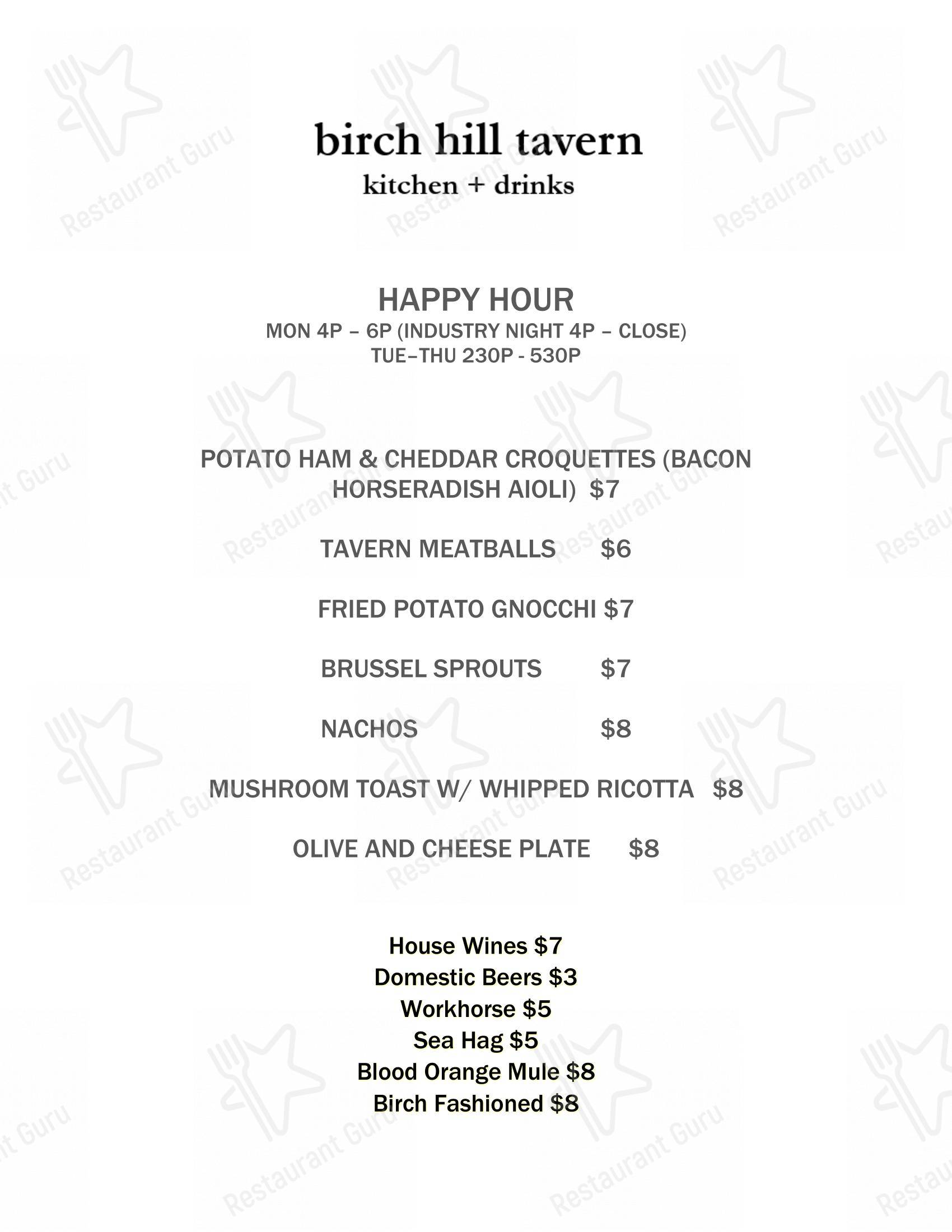 Menu at Birch Hill Tavern pub & bar, Glastonbury