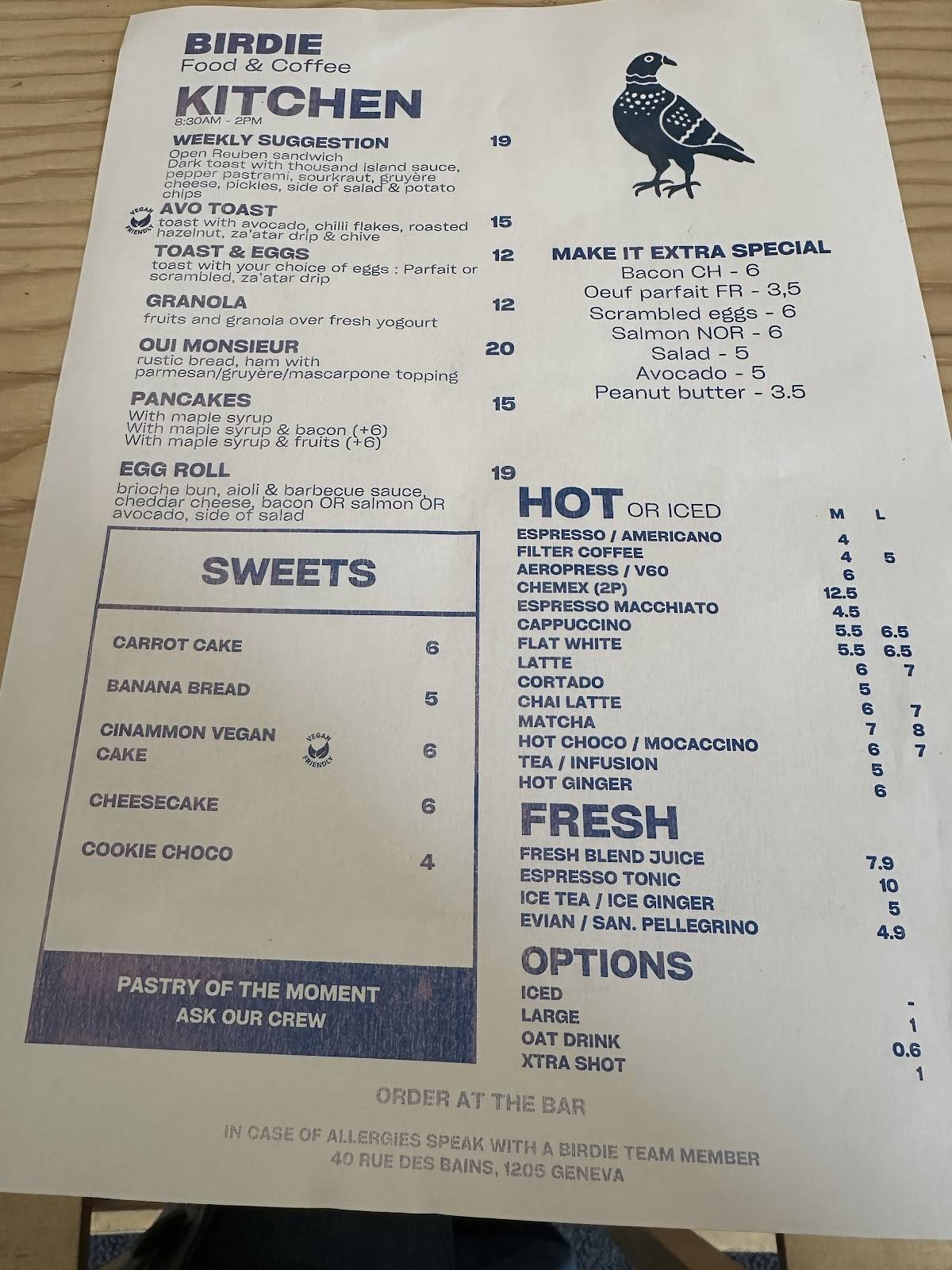 Menu at Birdie Food & Coffee, Geneva