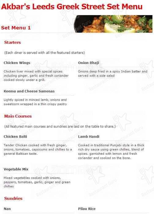 Menu at Akbar's Birmingham, Birmingham, 184 Hagley Rd