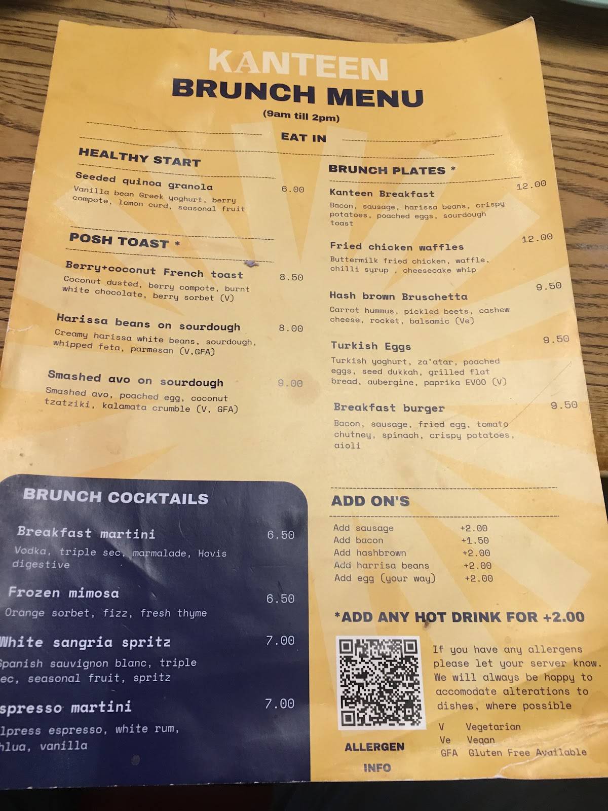 Menu at Kanteen restaurant, Birmingham, Kanteen Digbeth