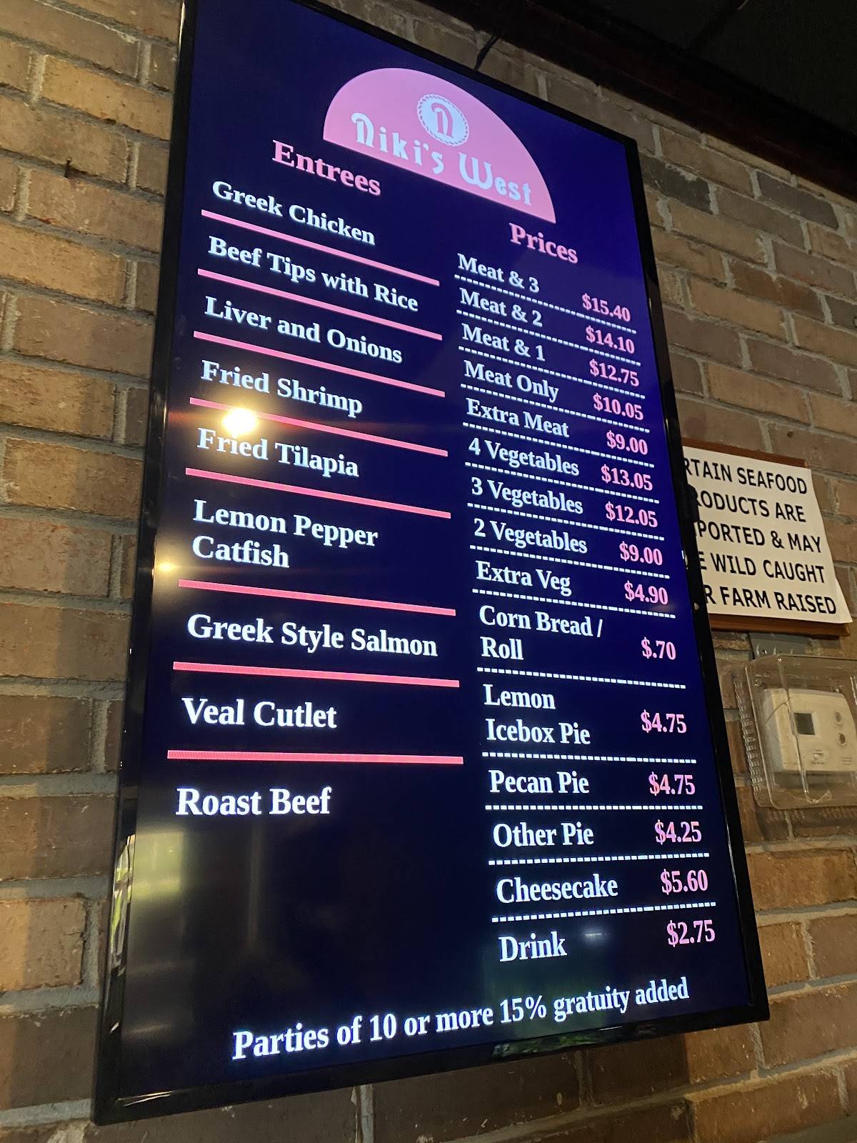 Menu at Niki's West steakhouse, Birmingham